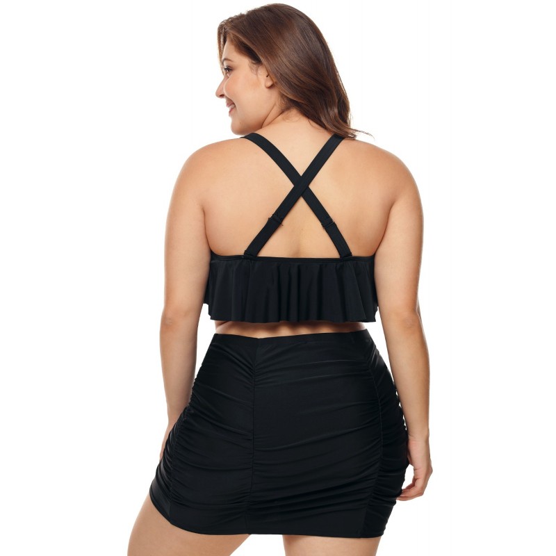 Black Strappy Ruffle Plus Size Two Piece Swimwear